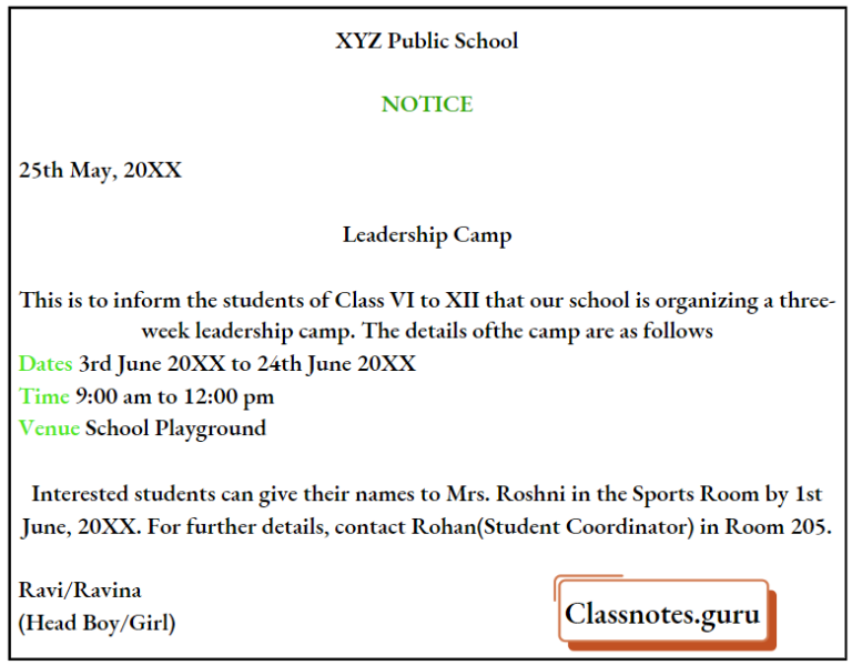 NCERT Class 6 English Notice Writing - Class Notes